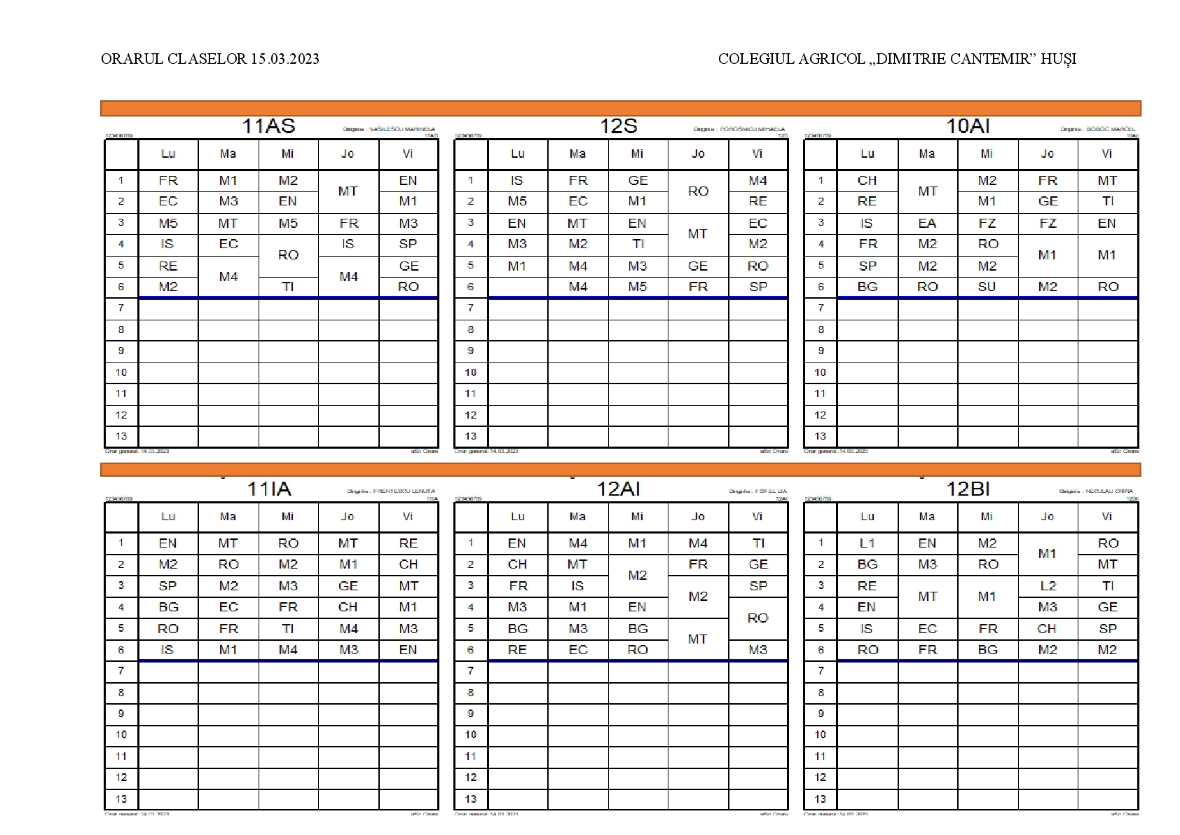 orar elevi Colegiul Agricol "Dimitrie Cantemir" Husi
